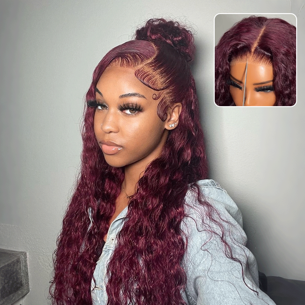 Pizazz Hair 99j Burgundy Curly Lace Front Human Hair Wigs 13*4/13*6/5*5 ...