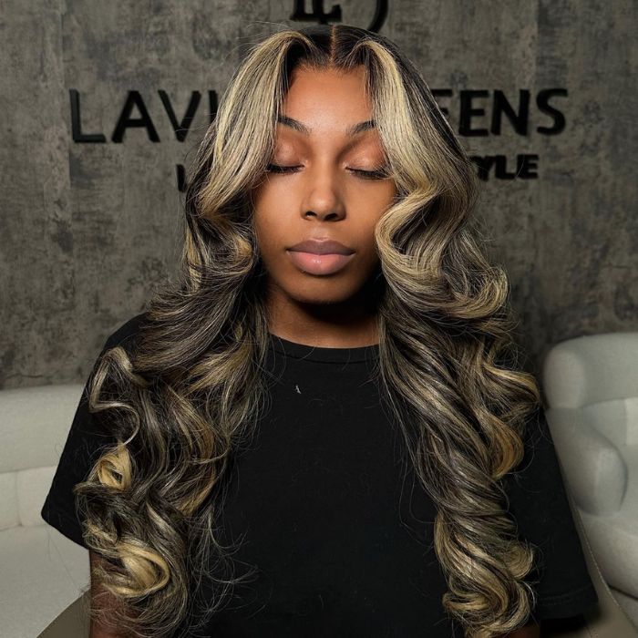 Curtain Bangs 1B/27 Blonde Balayage Highlight Body Wave Wig Glueless H