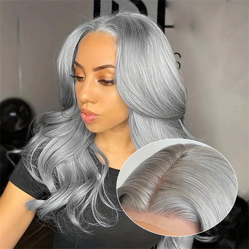 Pizazz Hair Body Wave Silver Grey Color Wig 100% Human Hair 13x4 HD ...