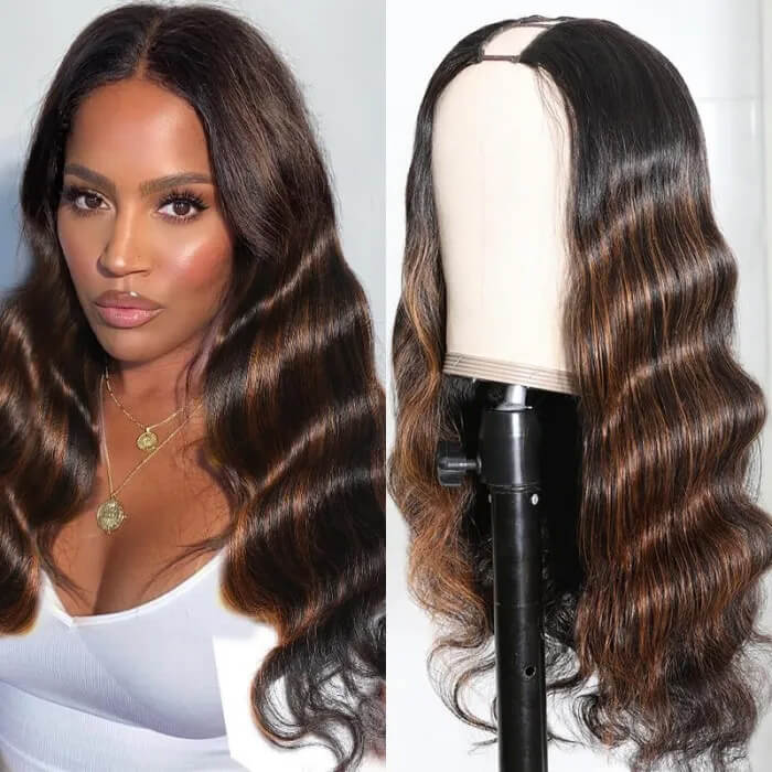 Pizazz Hair U Part Human Hair Wigs With Brown Highlights Glueless ...