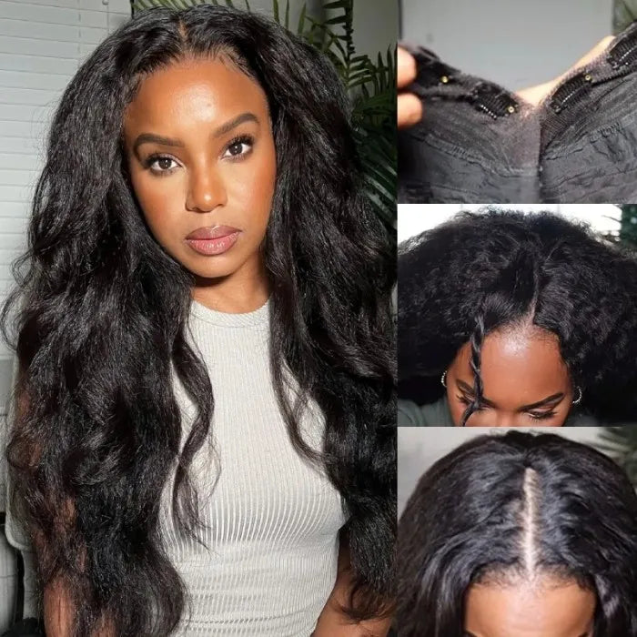 Pizazz Hair Glueless Kinky Straight V Part Human Hair Wigs With New ...