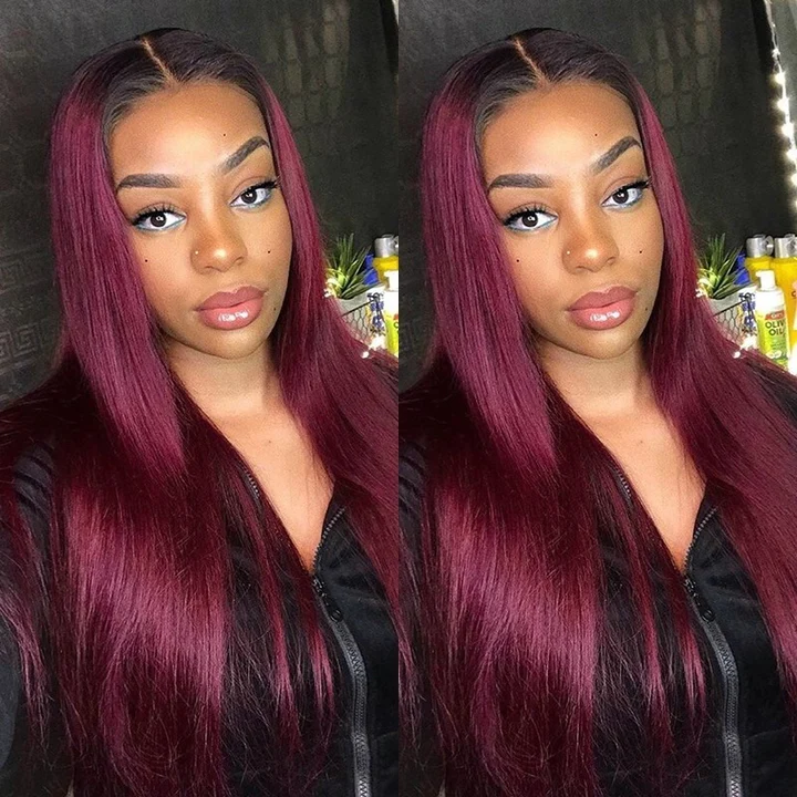 Pizazz Hair Ombre Burgundy Straight V Part Human Hair Wigs #1B99J No ...
