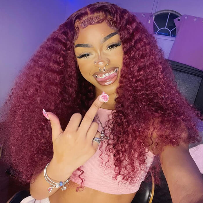 Pizazz hair Flash Deal $129.99 22" Burgundy Curly Human Hair Wigs 4x4 ...