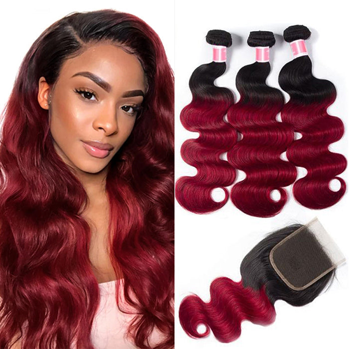 Pizazz Hair T1B/99j Ombre Body Wave Human Hair 3 Bundles With 4x4 Lace ...
