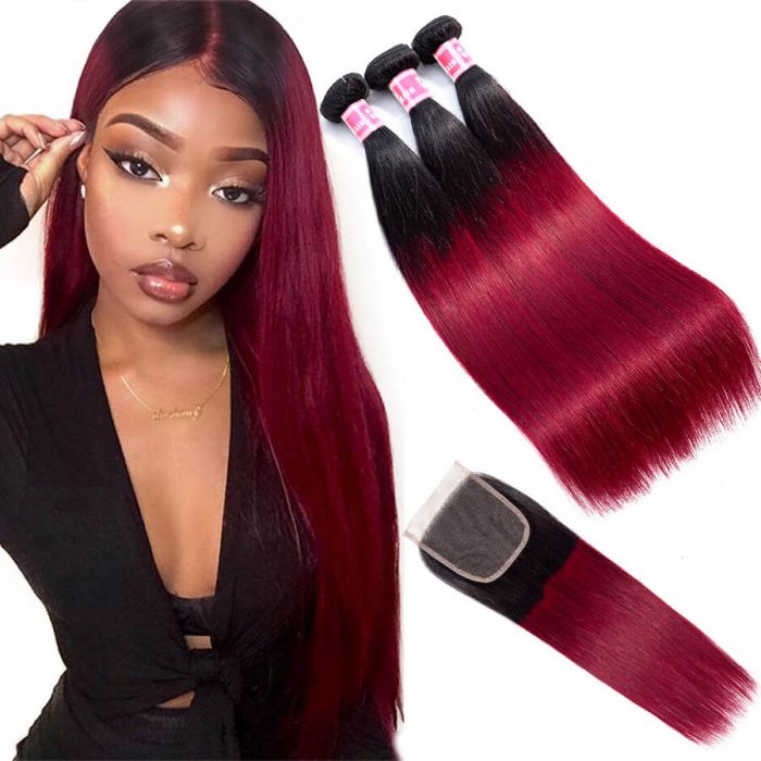 Pizazz Hair T1B/99j Ombre Straight Human Hair 3 Bundles With 4x4 Lace ...