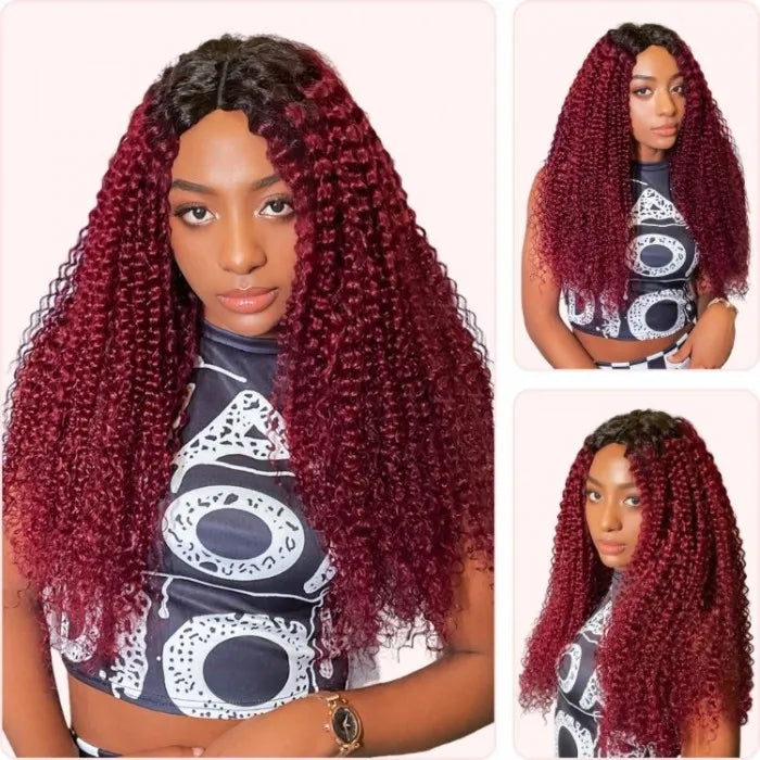 Pizazz Hair Ombre Burgundy Curly V Part Human Hair Wigs #1B99J No Leave ...